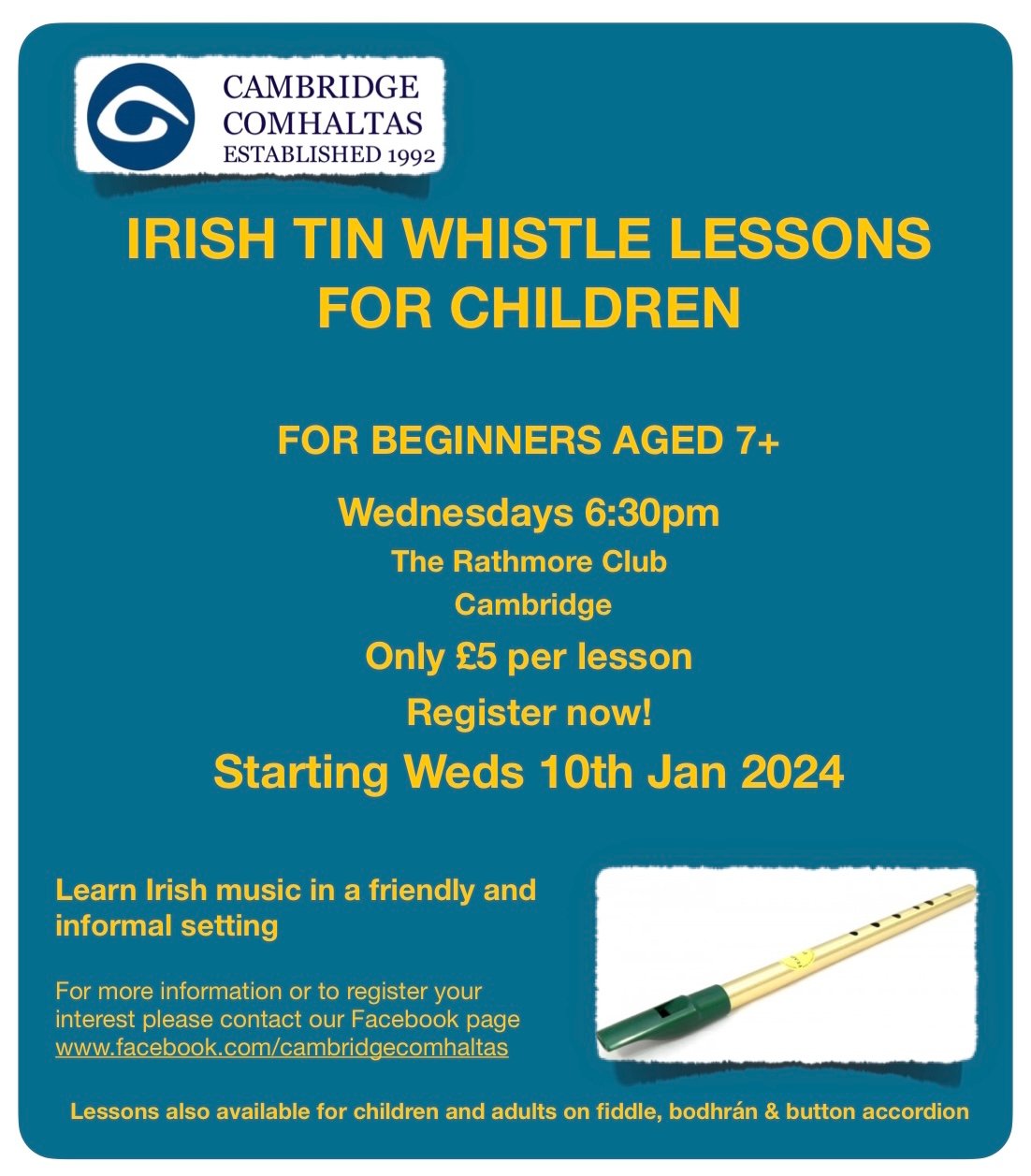 NEW – Group Tin Whistle Lessons Starting in January. - Cambridge Comhaltas